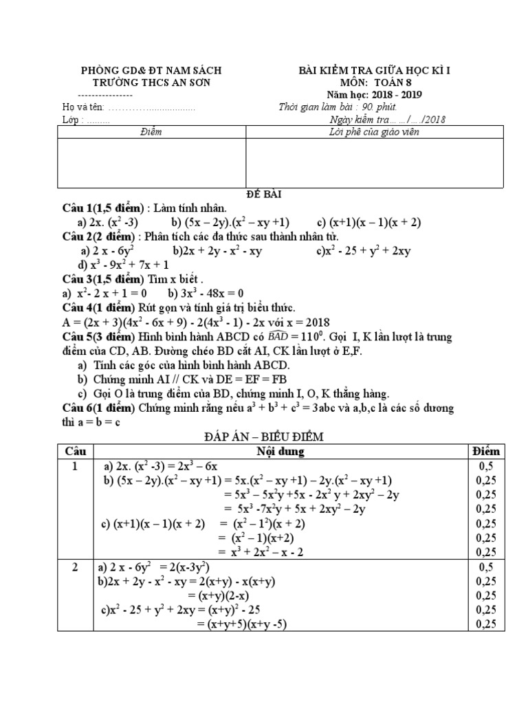 Kiem Tra Giua Ki I Toan 8 Tham Khao 1 | PDF