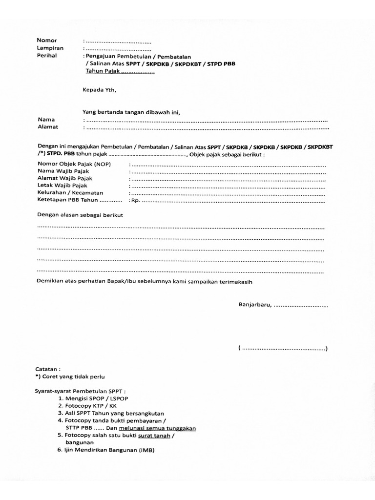Formulir Permohonan Pembuatan Salinan SPPT PBB P2 Kota Banjarbaru | PDF Formulir Permohonan Pembuatan Salinan SPPT PBB P2 Kota Banjarbaru | PDF