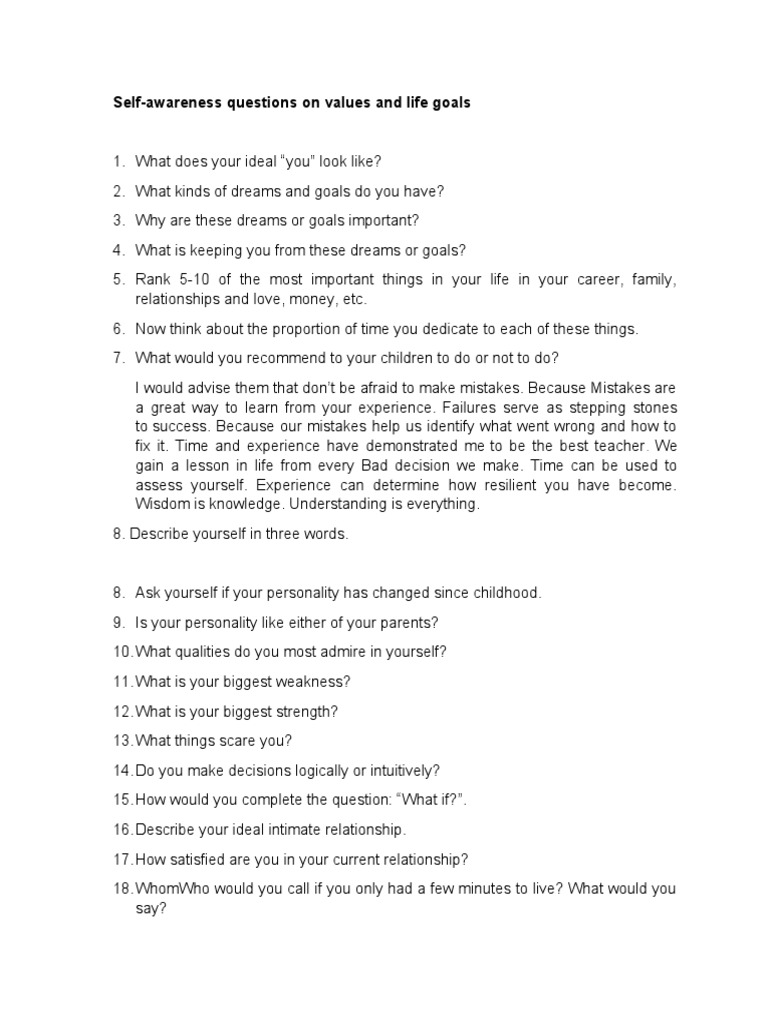 Self Awareness Questions | PDF