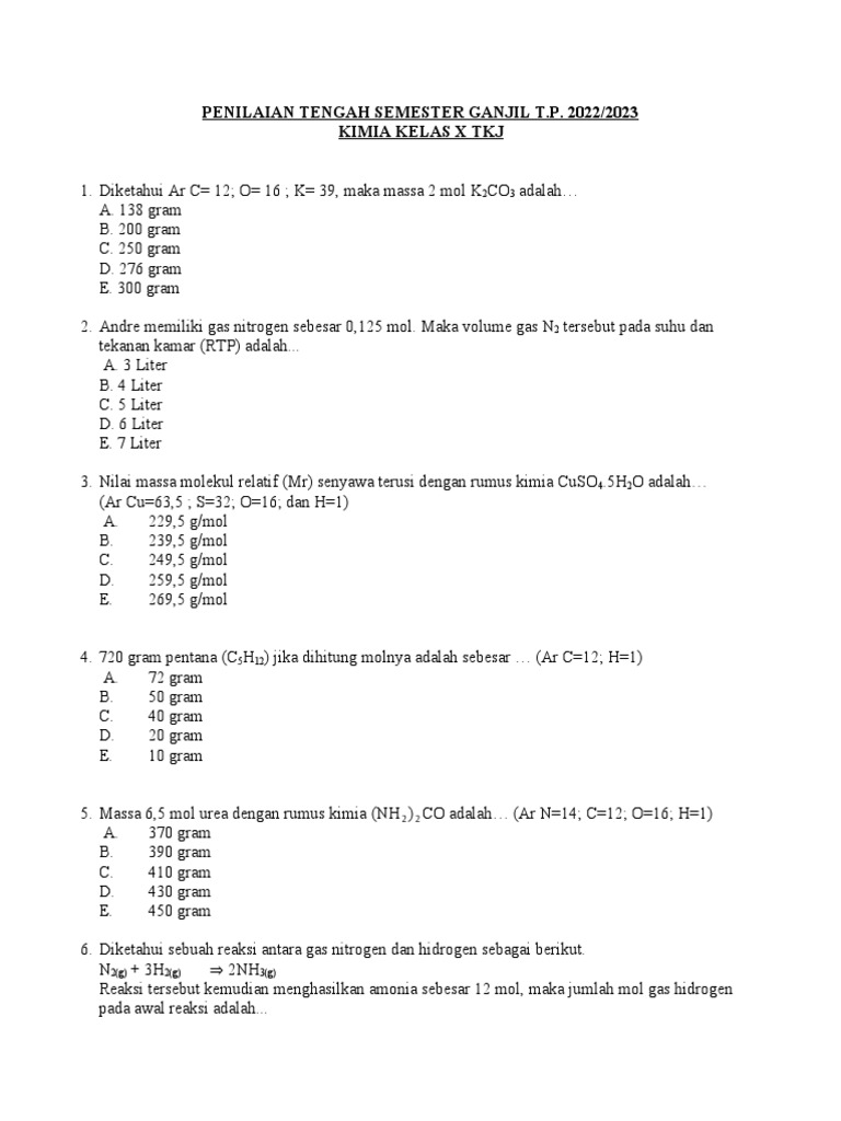 PTS Ganjil Kimia Kelas X TKJ | PDF