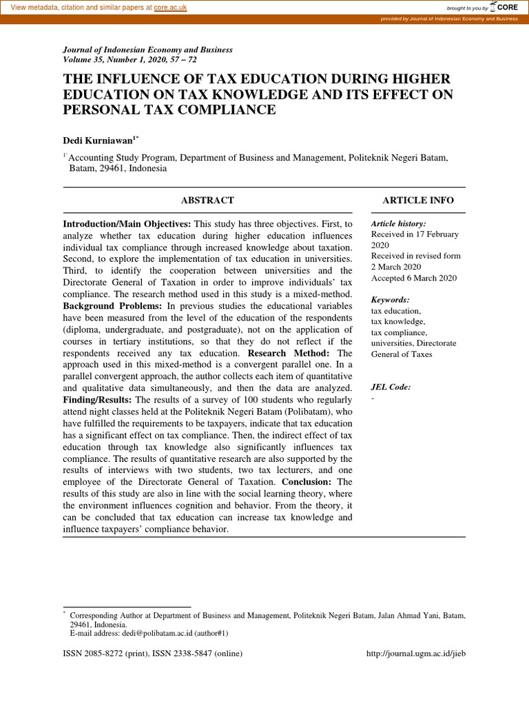 The Influence of Tax Education During Higher Education On Tax Knowledge ...