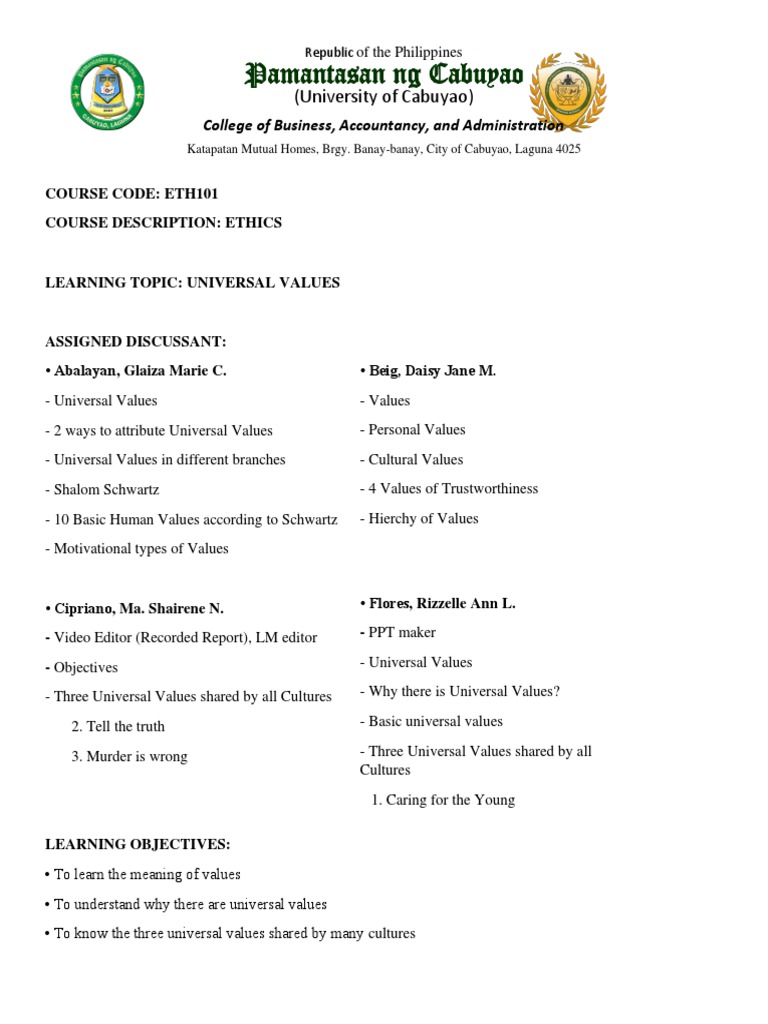 Universal Values in Ethics Course | PDF | Psychological Concepts | Behavioural Sciences