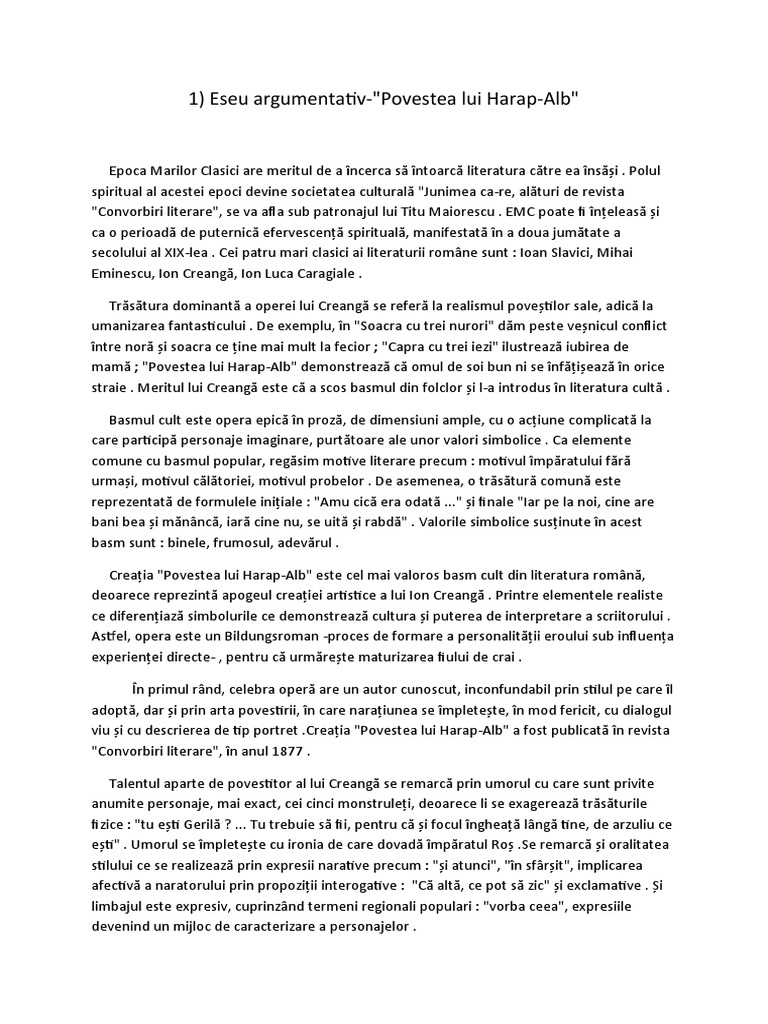 Eseu Argumentativ-Povestea Lui Harap-Alb | PDF