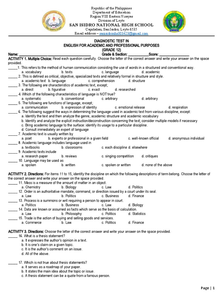 EAPP Diagnostic Test for Grade 12 | PDF | Educational Technology | Thesis