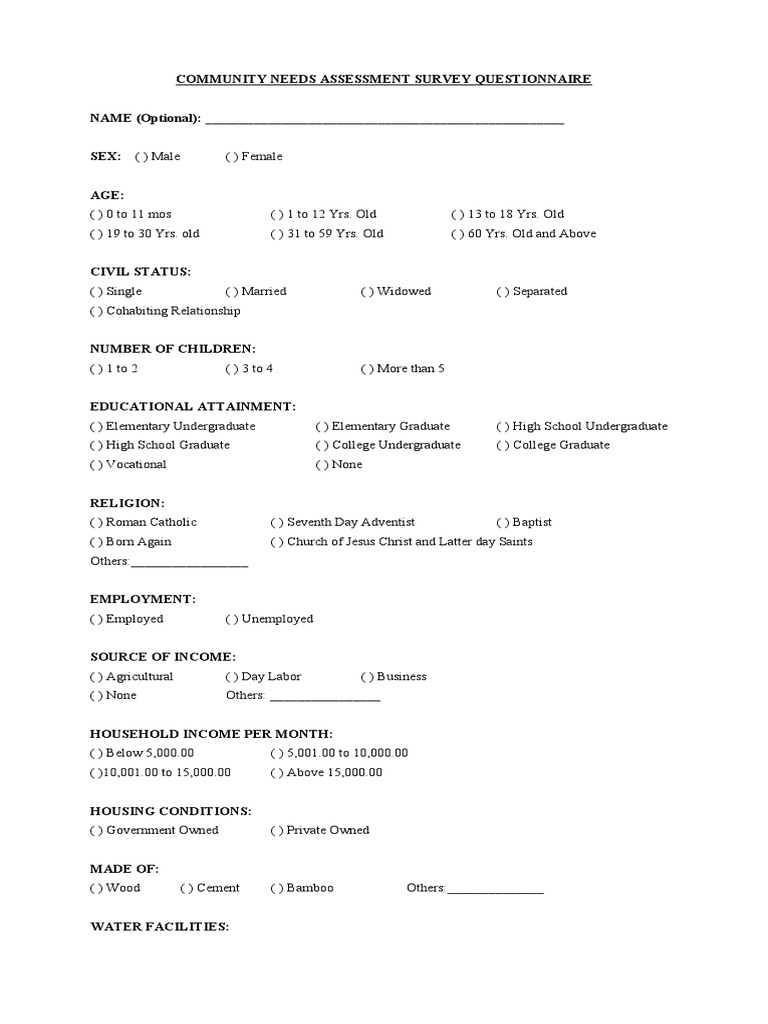 Community Needs Assessment Survey Questionnaire | PDF