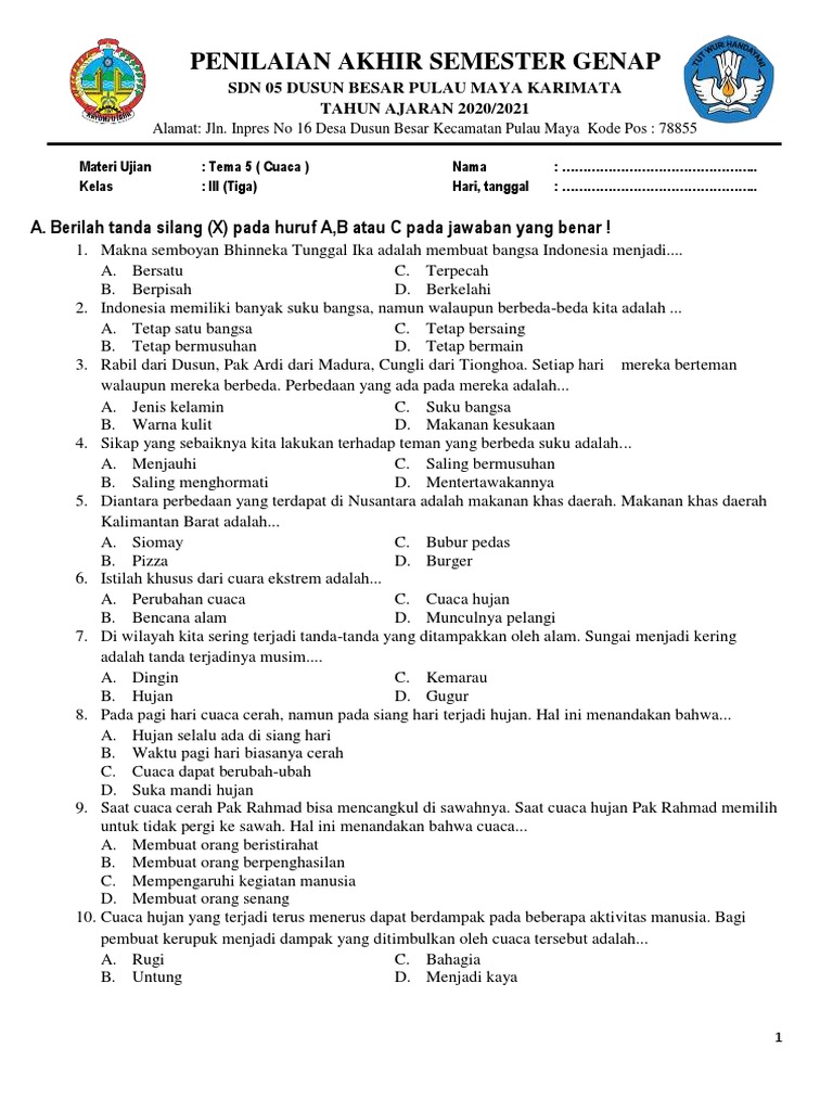 Soal Pas Kelas 3 Tema 5 | PDF