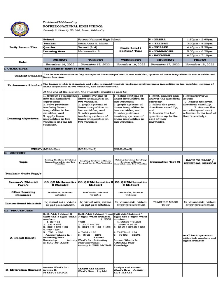 Millan DLL Grade 8 q2 Week2 | PDF | Teaching Methods & Materials