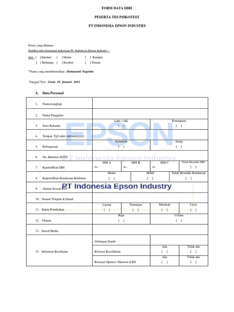 Form Aplikasi Pelamar - PT Epson - 10 Januari 2022 | PDF
