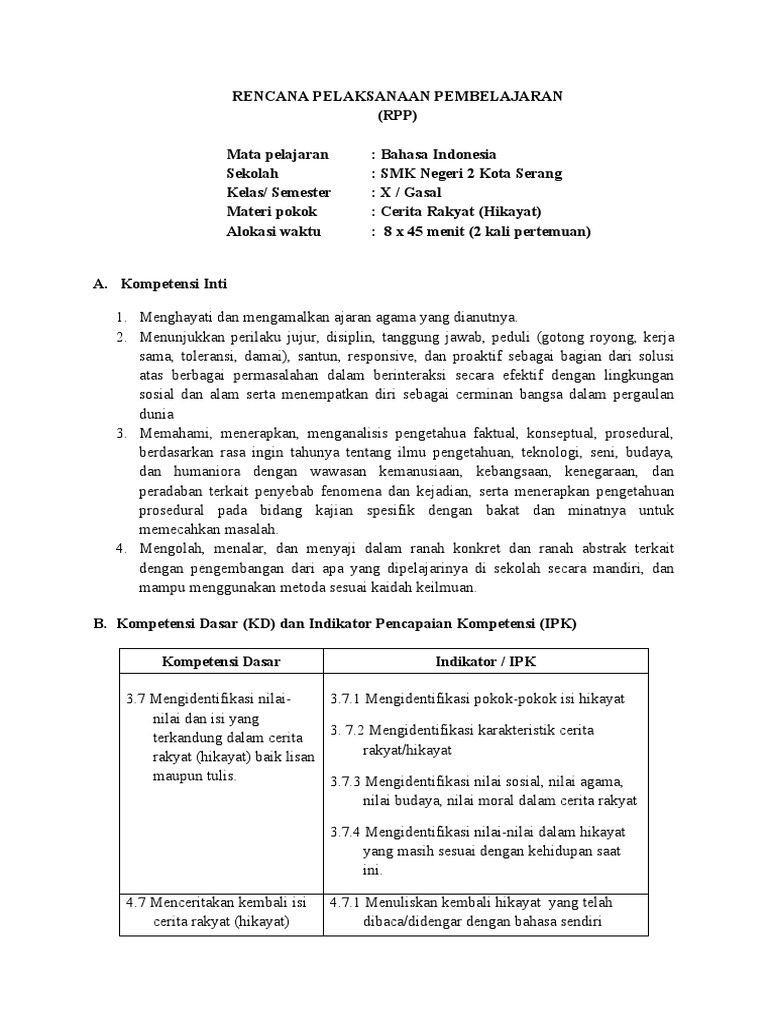 RPP X Hikayat KD 3.7 Dan 4.7 | PDF