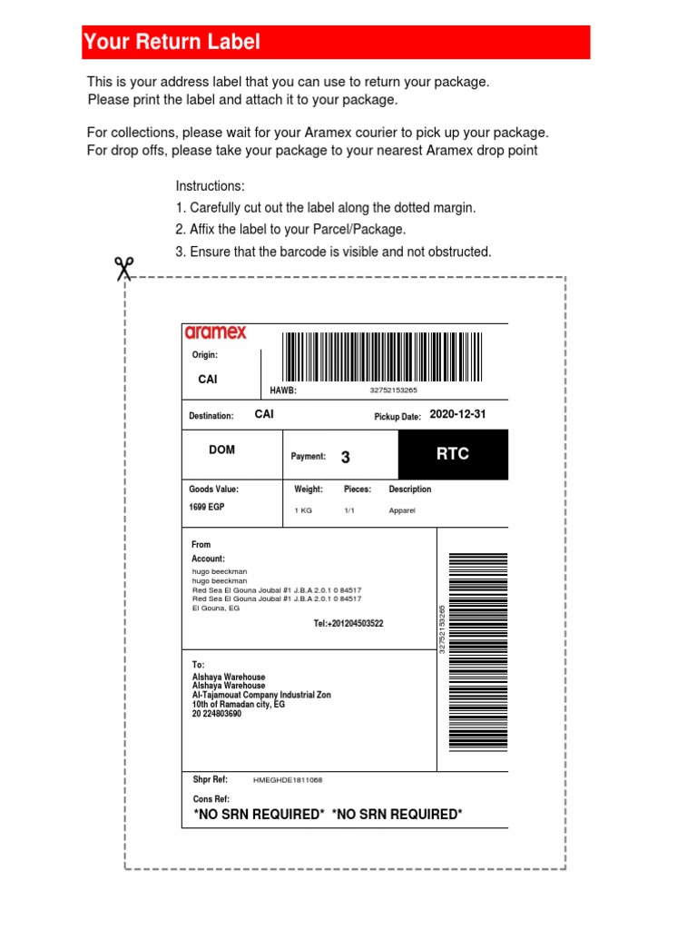 Return Label Instructions for Aramex | PDF
