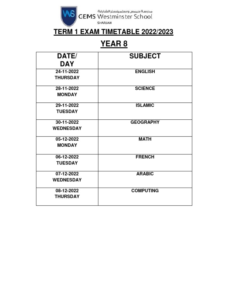 Term 1 Exam Timetable - Y8 | PDF | Science & Mathematics