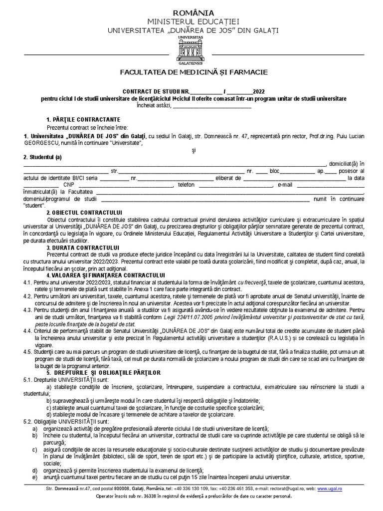 Contract de Studii Licenta + Anexa FMF 20225 | PDF