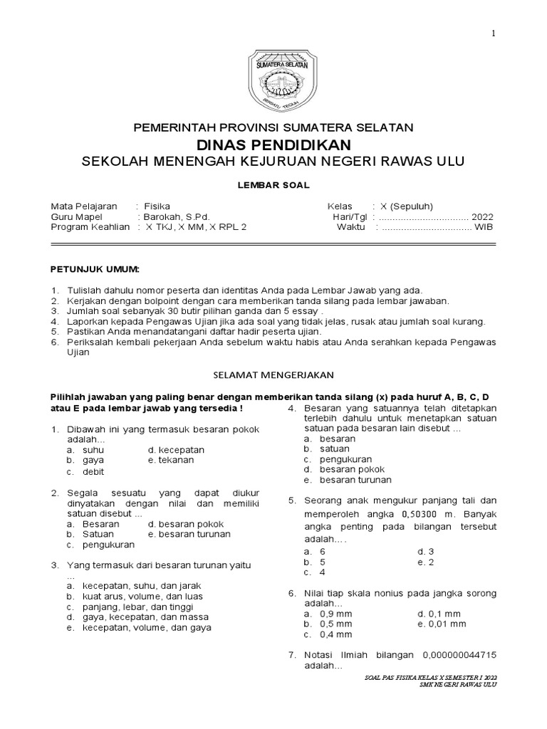 Soal PAS FISIKA Semester 1 2022 | PDF | Metode & Bahan Ajar