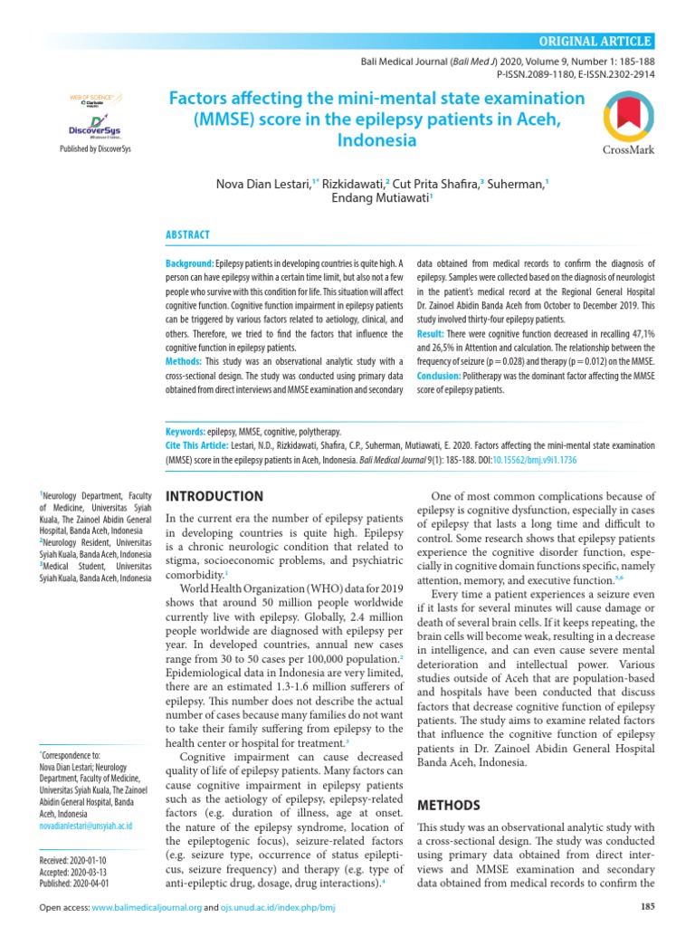 MMSE Score Factors in Epilepsy Patients | PDF | Epilepsy | Neurology