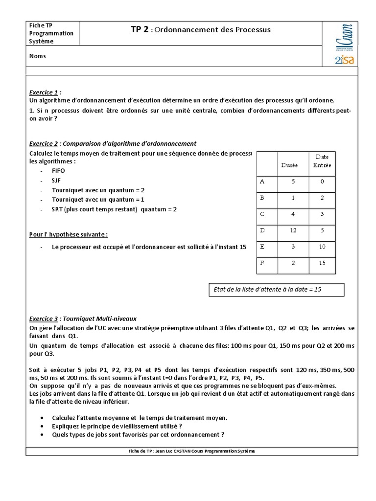 Ordonnancement des Processus en TP | PDF | Ordonnancement dans les ...