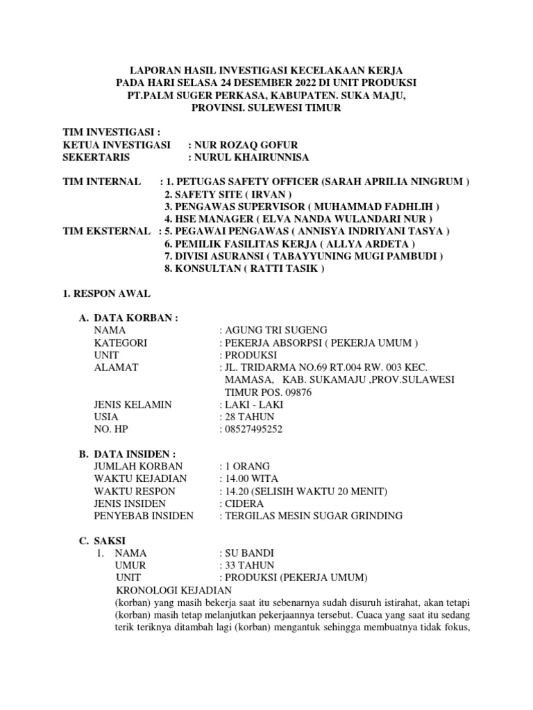 Laporan Hasil Investigasi Kecelakaan Kerja Klompok 2 | PDF