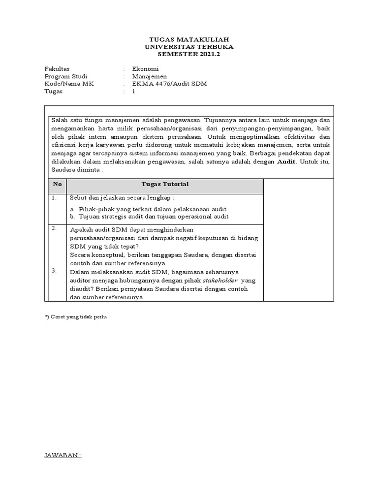 Tugas 1 EKMA 4476audit SDM | PDF | Bisnis