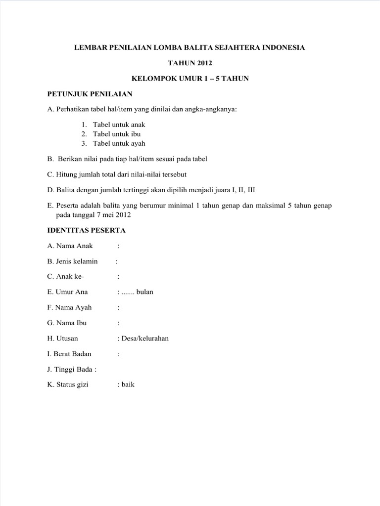 Dokumen - Tips - Form Penilaian Lomba Balita Sehat | PDF Dokumen - Tips - Form Penilaian Lomba Balita Sehat | PDF