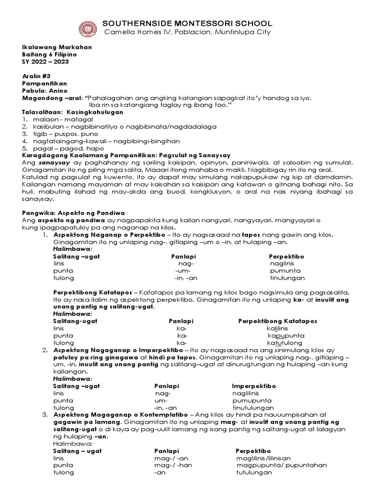 Second Quarter FILIPINO6 ARALIN 3 Anino Sanaysay Aspekto NG Pandiwa | PDF Second Quarter FILIPINO6 ARALIN 3 Anino Sanaysay Aspekto NG Pandiwa | PDF