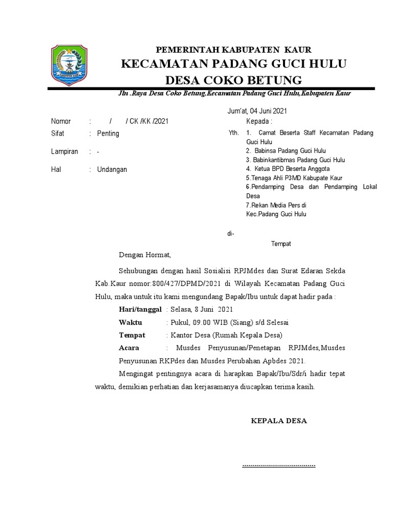 Contoh Undangan Musdes 2021 | PDF