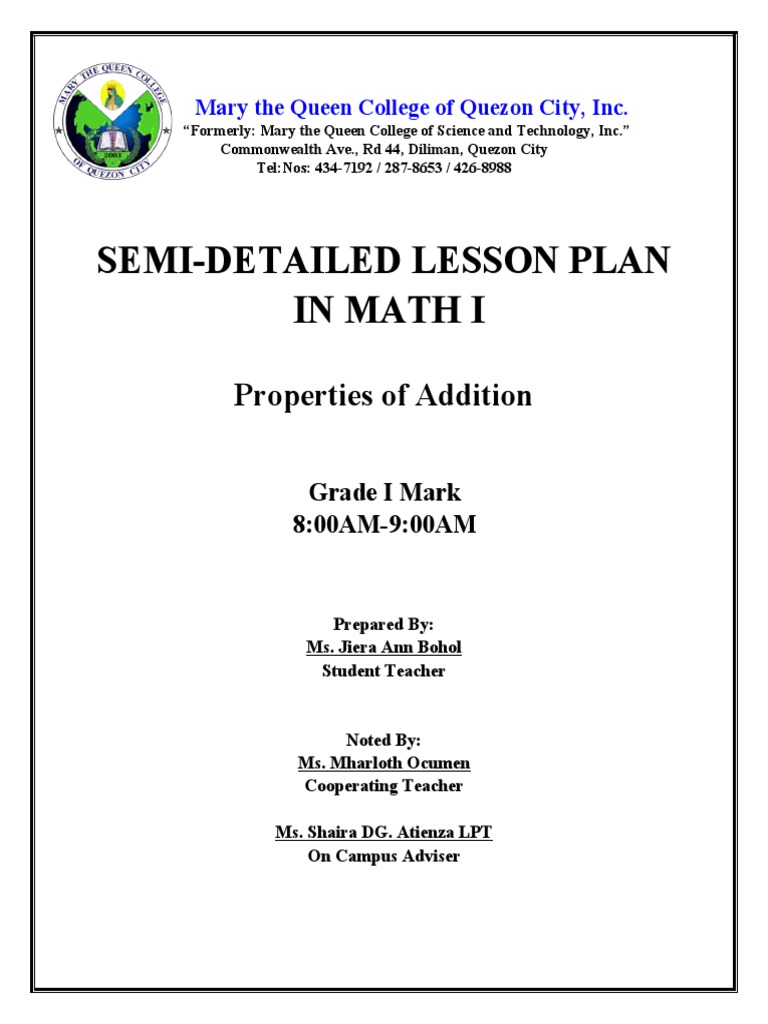 Grade 1 Properties of Addition Lesson Plan | PDF | Teaching Methods ...