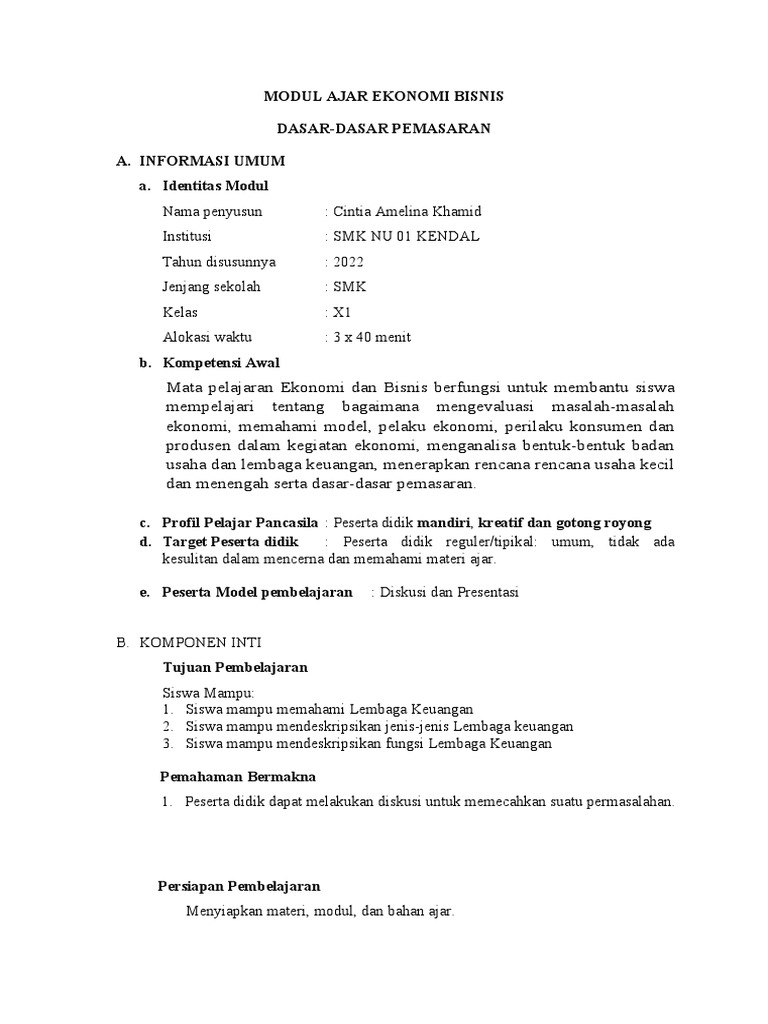 MODUL AJAR EKONOMI BISNIS Dasar Dasar Pemasaran | PDF