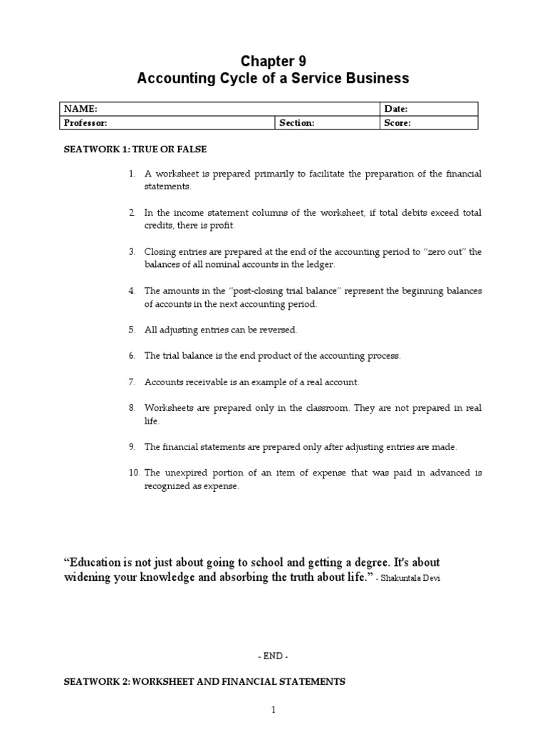 Seatwork Chapter 9 - Accounting Cycle of A Service Business | PDF ...