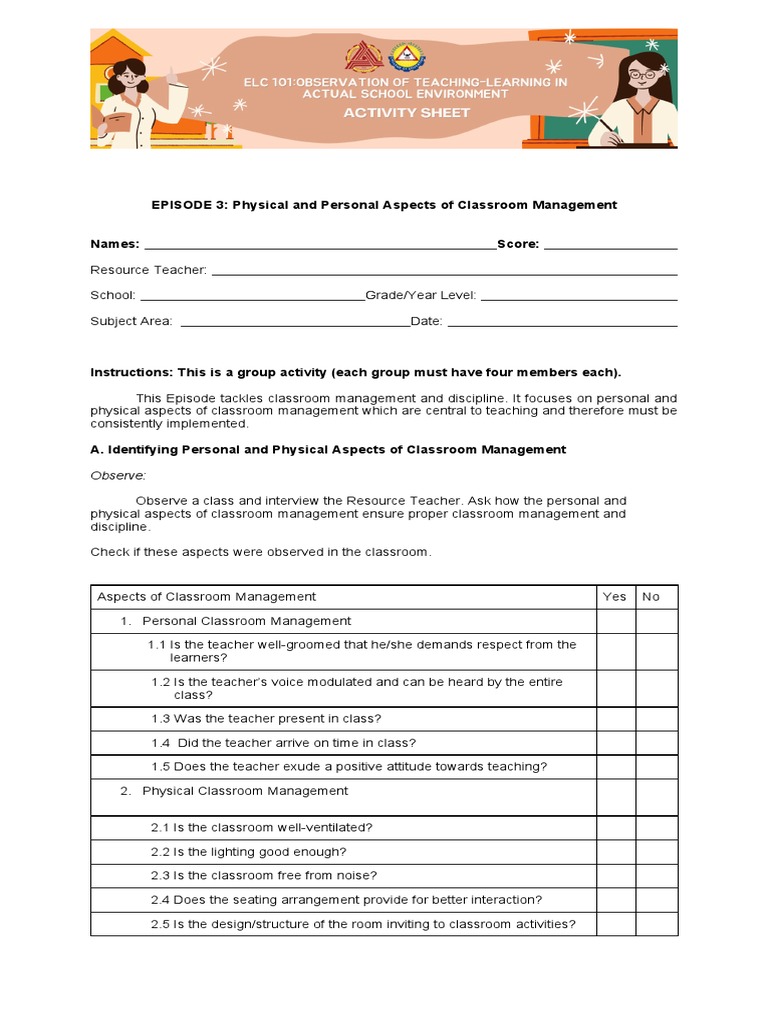 ELC 101 WORKSHEET 3 Semi Final | PDF | Classroom Management | Teachers