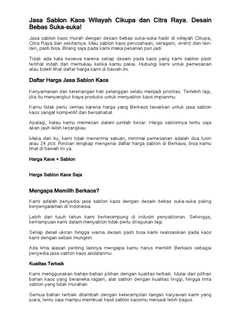 Jasa Sablon Kaos Cikupa Berkualitas | PDF