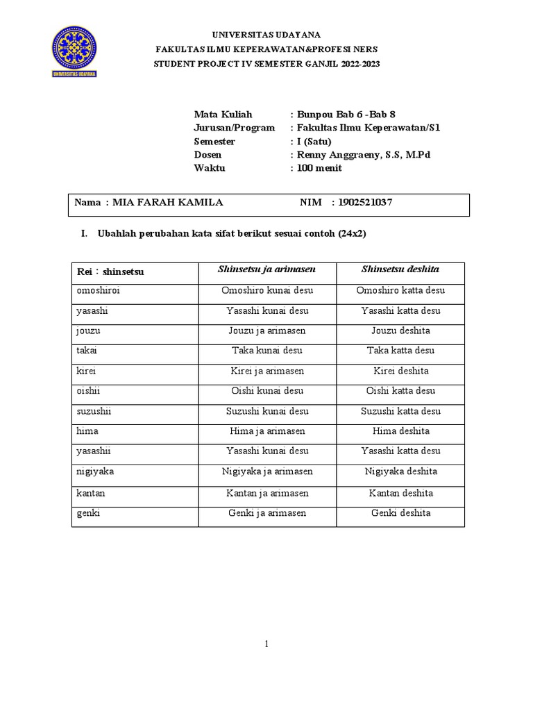 Tugas Mandiri Bunpo Bab 6-8 - MIA FARAH KAMILA - 1902521037 | PDF | Kajian Bahasa Asing