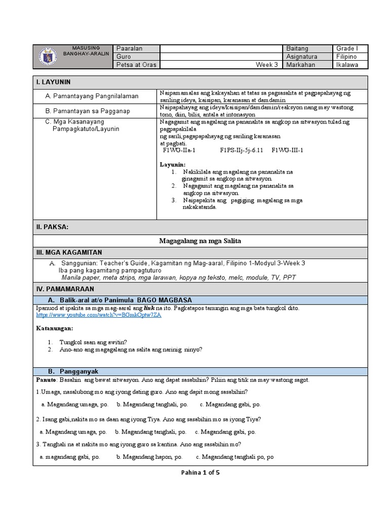 Filipino 1 LP - Q2 - W3 | PDF