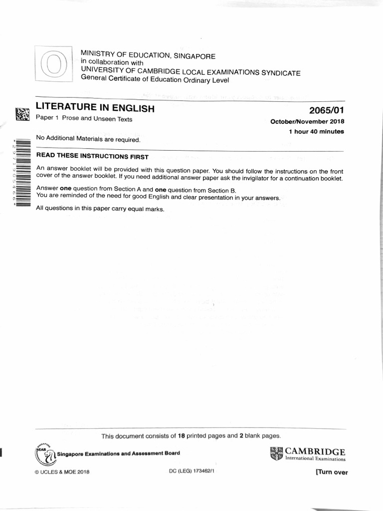 2018 Pure Lit O Level Paper 1 | PDF