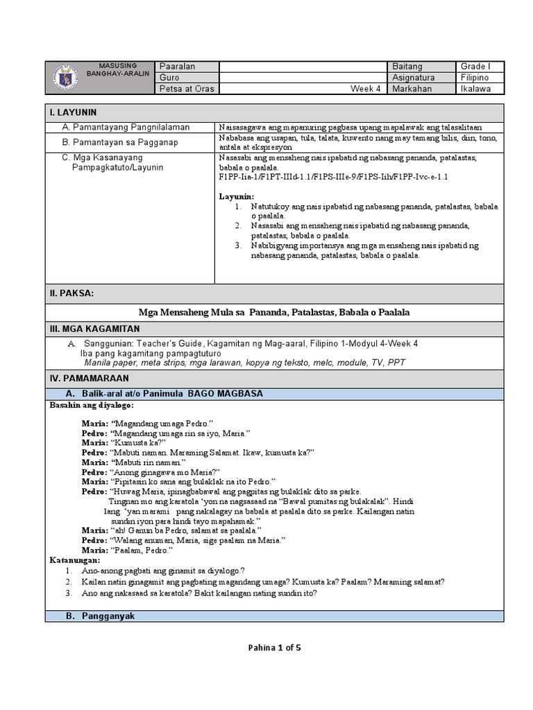 Filipino 1 LP - Q2 - W4 | PDF
