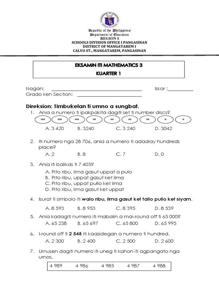 1st Quarter TQ in Math 3 | PDF