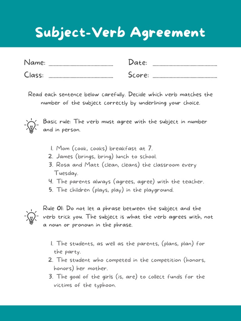 Subject Verb Agreement Worksheet | PDF | Language Arts & Discipline