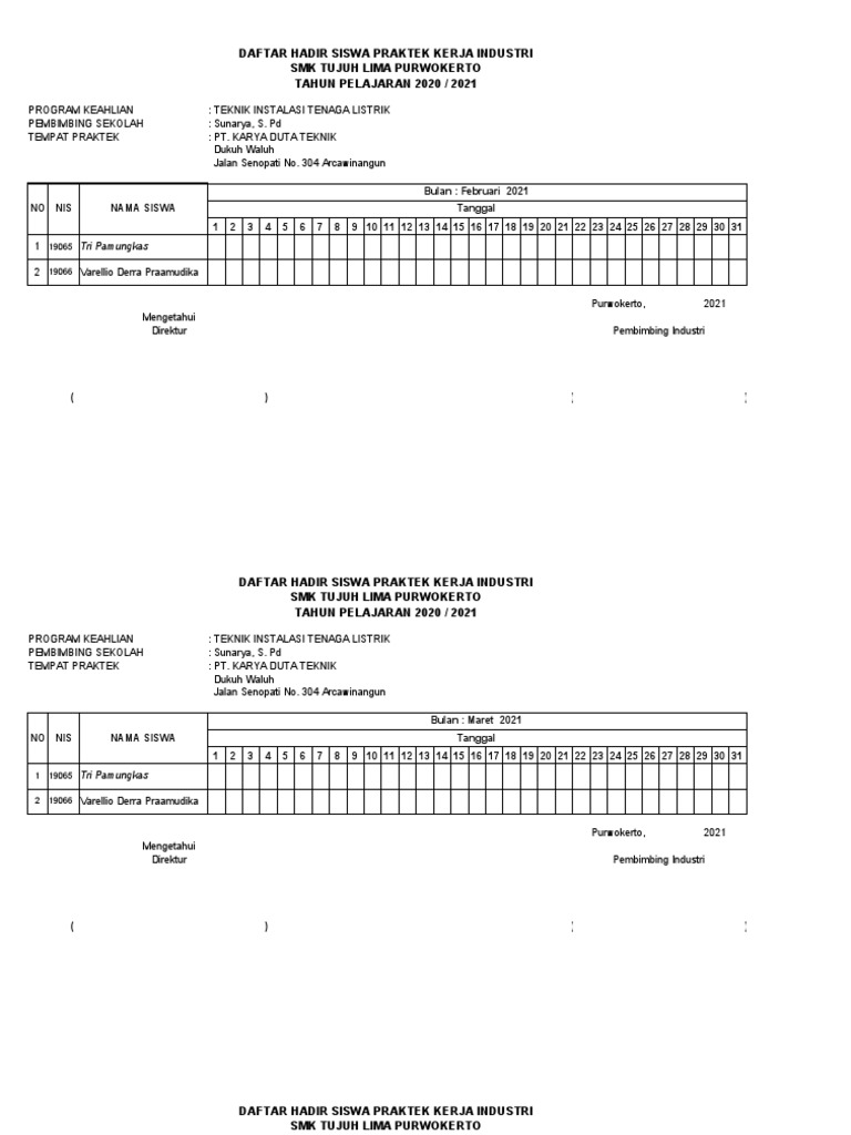 Daftar Hadir PKL | PDF
