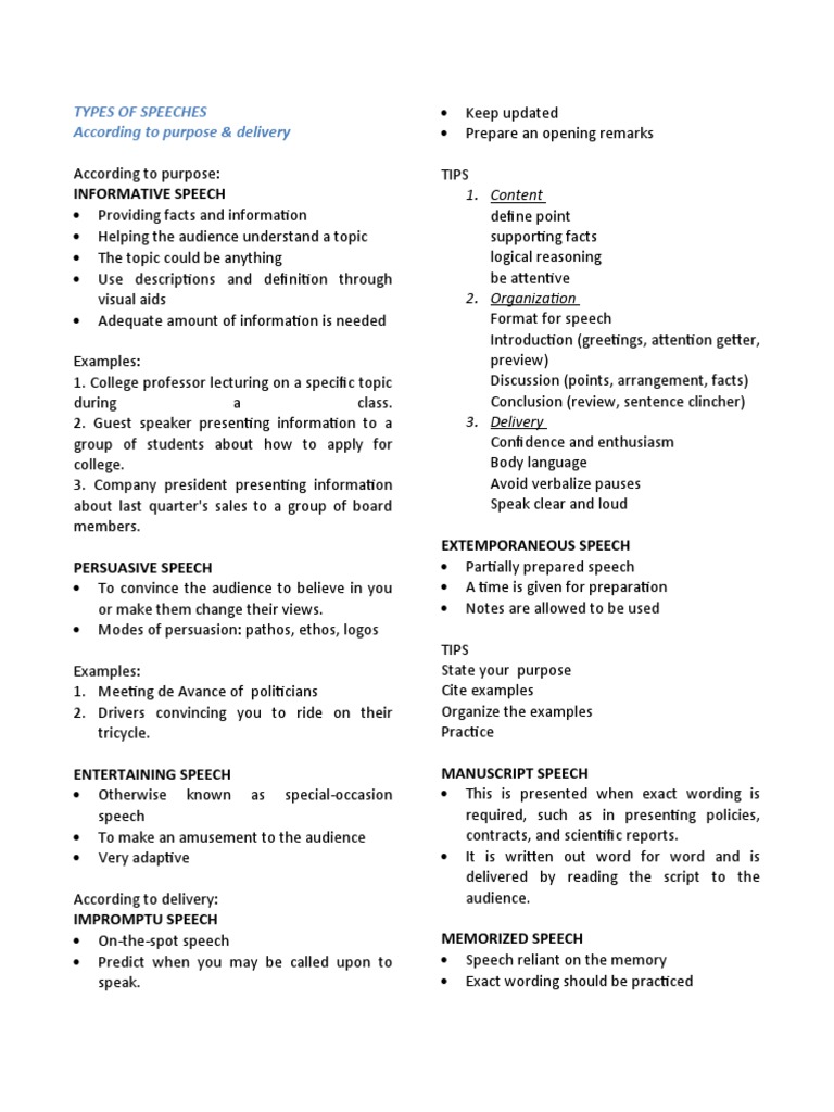 Types of Speeches | PDF | Public Speaking | Human Communication