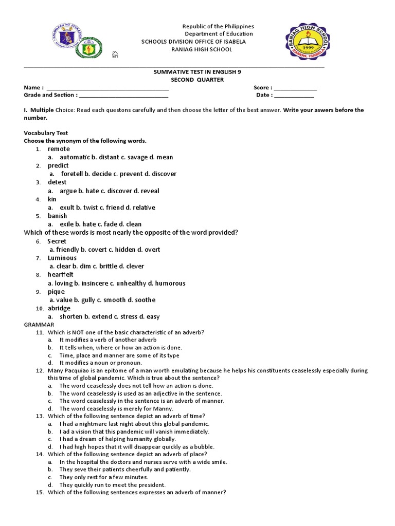 Summative Eng. 9 Q2 | PDF