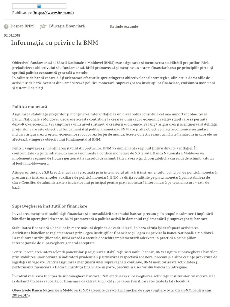 Banca Nationala A Moldovei - Informatia Cu Privire La BNM - 2018-05-14 | PDF