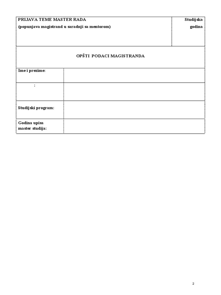 Prijava Teme Master Rada (Popunjava Magistrand U Saradnji Sa Mentorom) Studijska Godina | PDF
