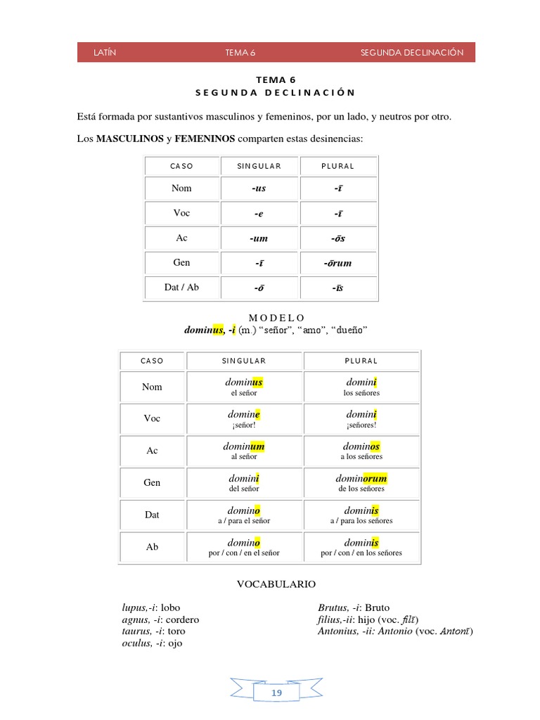 Latín Tema 6 Segunda Declinación | PDF