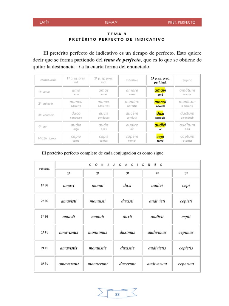 Latín Tema 9 Pretérito Perfecto | PDF | Morfología | Relaciones sintácticas