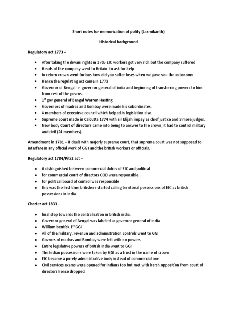 Short Notes For Memorization of Polity (Mehraj Kraipak) | PDF ...