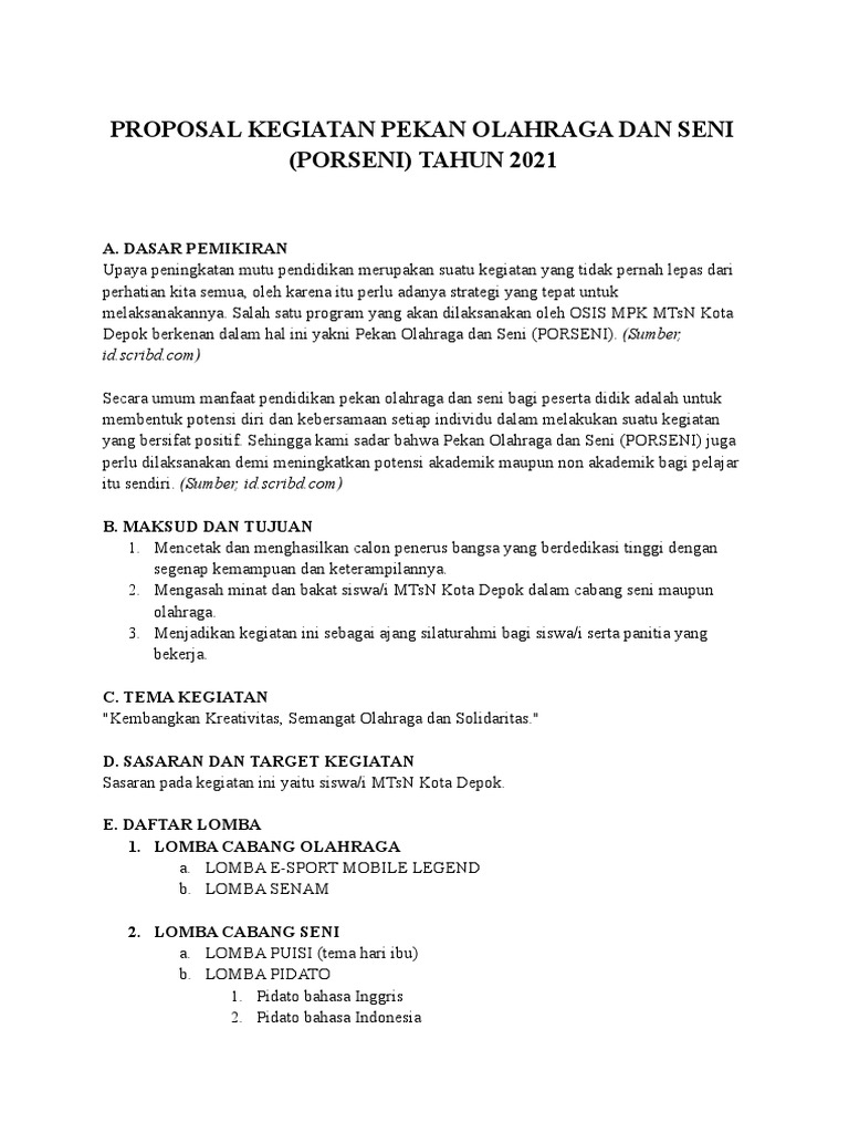 Proposal Kegiatan Pekan Olahraga Dan Seni (Porseni) | PDF