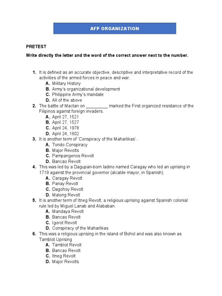 AFP Organization Quiz | PDF | Philippines | Military