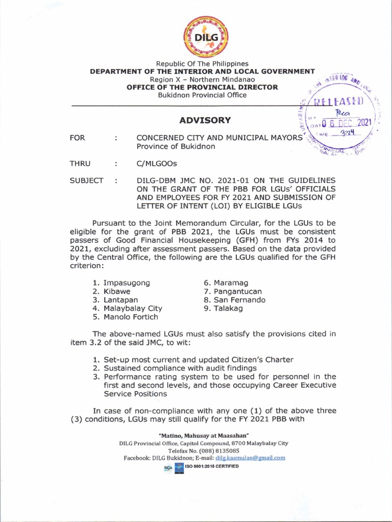 Dilg-Dbm JMC No. 2021-01 On The Guidelines On The Grant of The PBB For ...