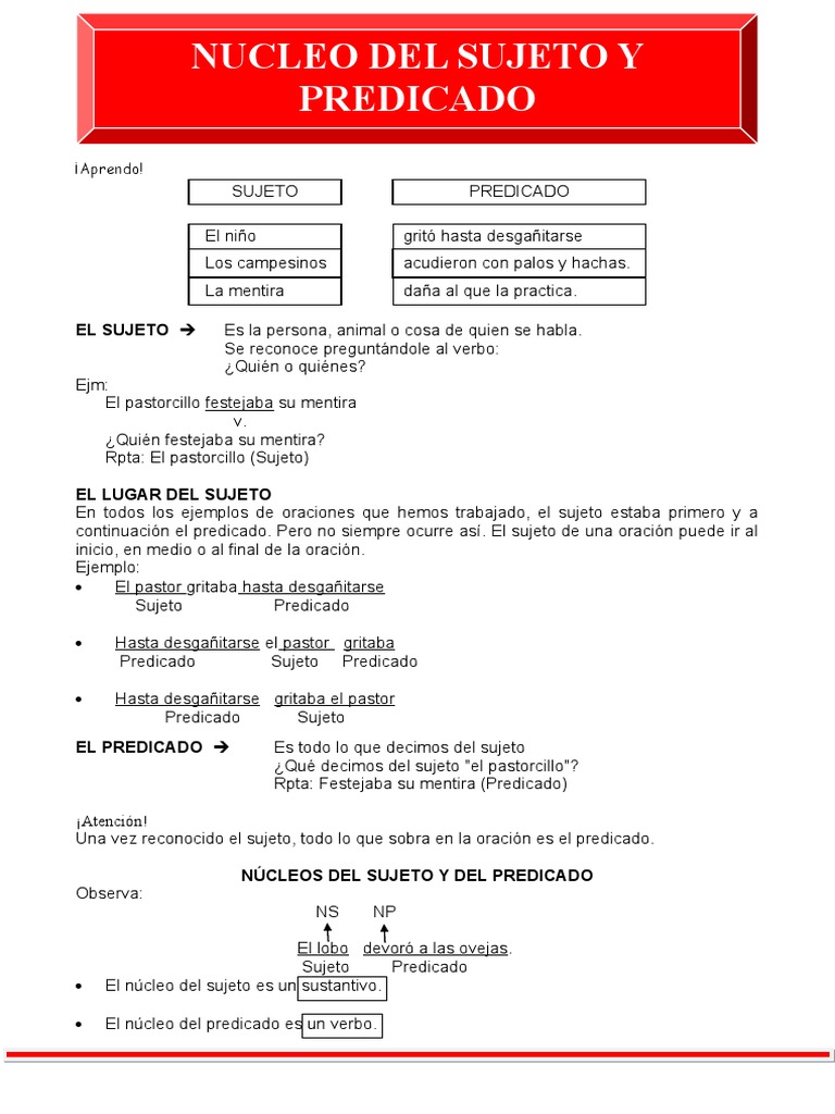Jueves SOBRE EL NÚCLEO DEL SUJETO Y DEL PREDICADO | PDF | Predicado (Gramática) | Asunto (gramática)