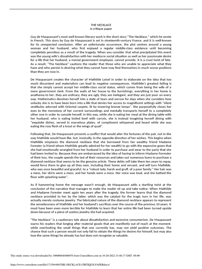 The Necklace Critique Paper | PDF