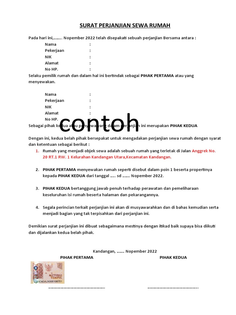 Contoh Surat Perjanjian Sewa Rumah | PDF