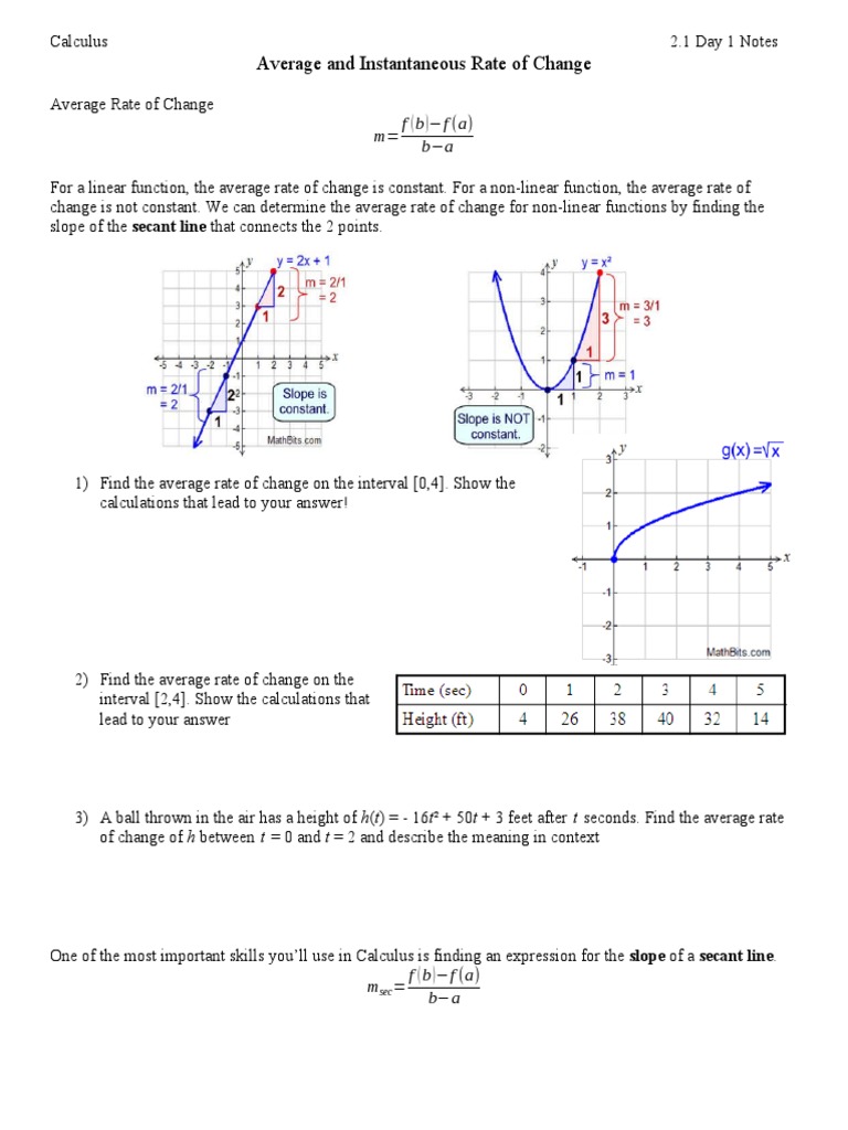 Notes 2.1 Day 1 Average and Instantaneous Rate of Change | PDF ...